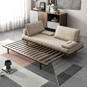 homary Sofa Bed Modern Pull Out Sofa Bed Khaki Sleeper Sofa 79'' Mid Century Wood Convertible Sofa with Pull Out Bed Cotton & Linen