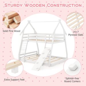 Costzon Twin Over Queen Bunk Bed, House Shaped Bed Frame with Climbing Nets and Ramp, Safety Guardrail, No Box Spring Needed, Wooden Kids Bed for Boys Girls (White, Twin Over Queen)