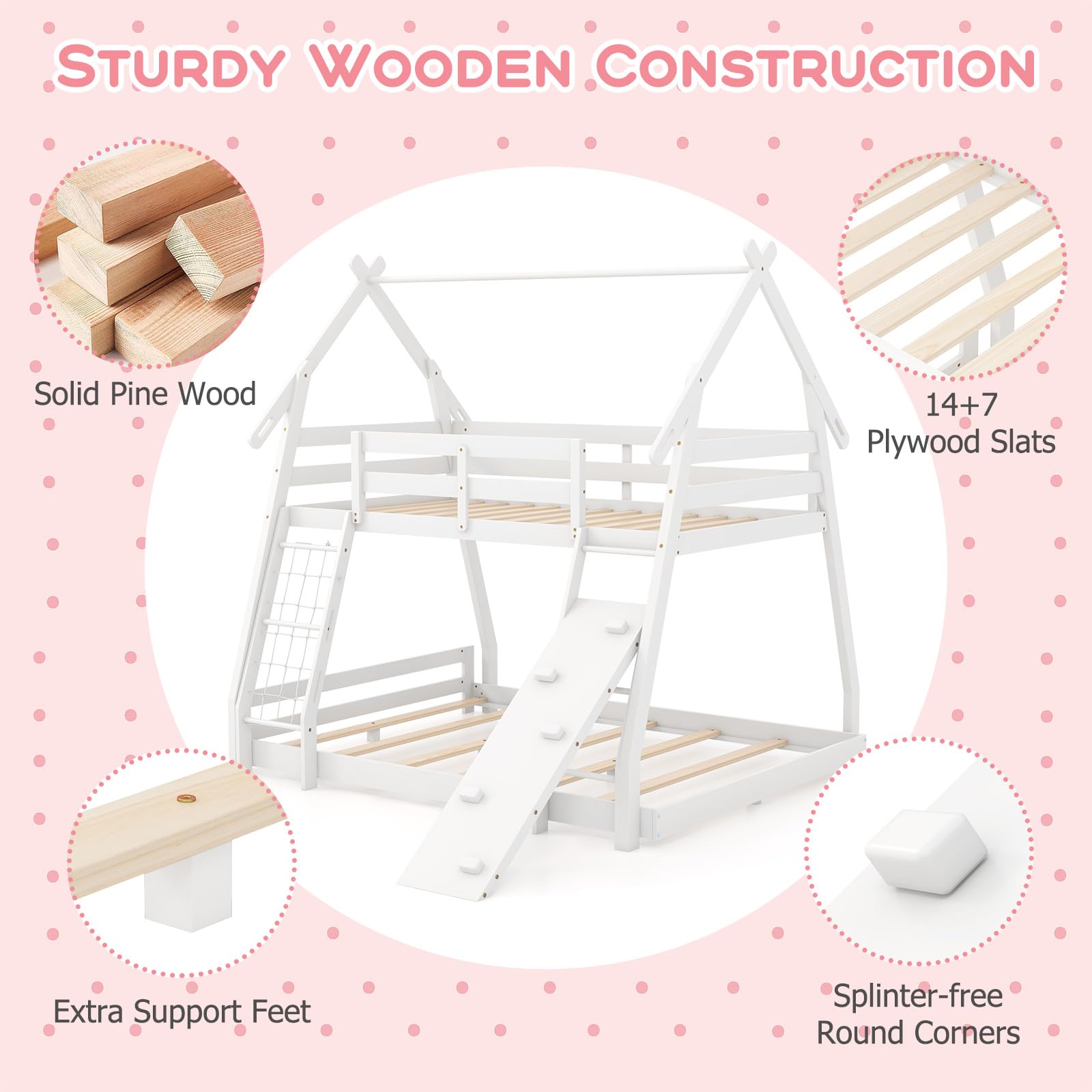 Costzon Twin Over Queen Bunk Bed, House Shaped Bed Frame with Climbing Nets and Ramp, Safety Guardrail, No Box Spring Needed, Wooden Kids Bed for Boys Girls (White, Twin Over Queen)