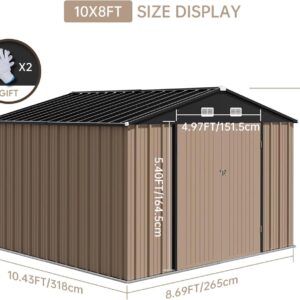 Agrestem 10 x 8 FT Outdoor Storage Shed, Metal Sheds & Outdoor Storage House with Updated Frame Structure & Double Lockable Door, Waterproof Garden Shed for Backyard Garden Patio Lawn, Brown