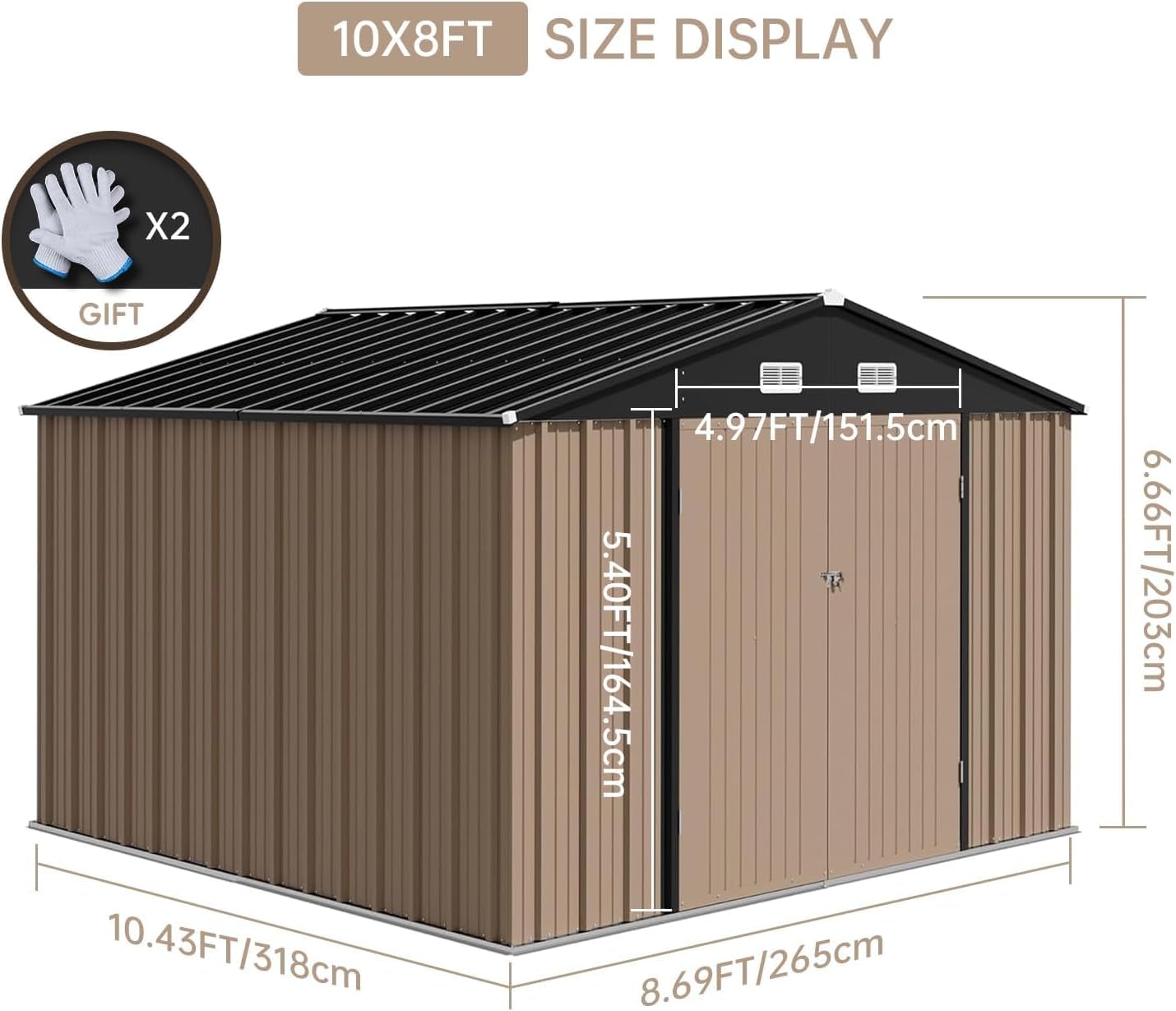 Agrestem 10 x 8 FT Outdoor Storage Shed, Metal Sheds & Outdoor Storage House with Updated Frame Structure & Double Lockable Door, Waterproof Garden Shed for Backyard Garden Patio Lawn, Brown