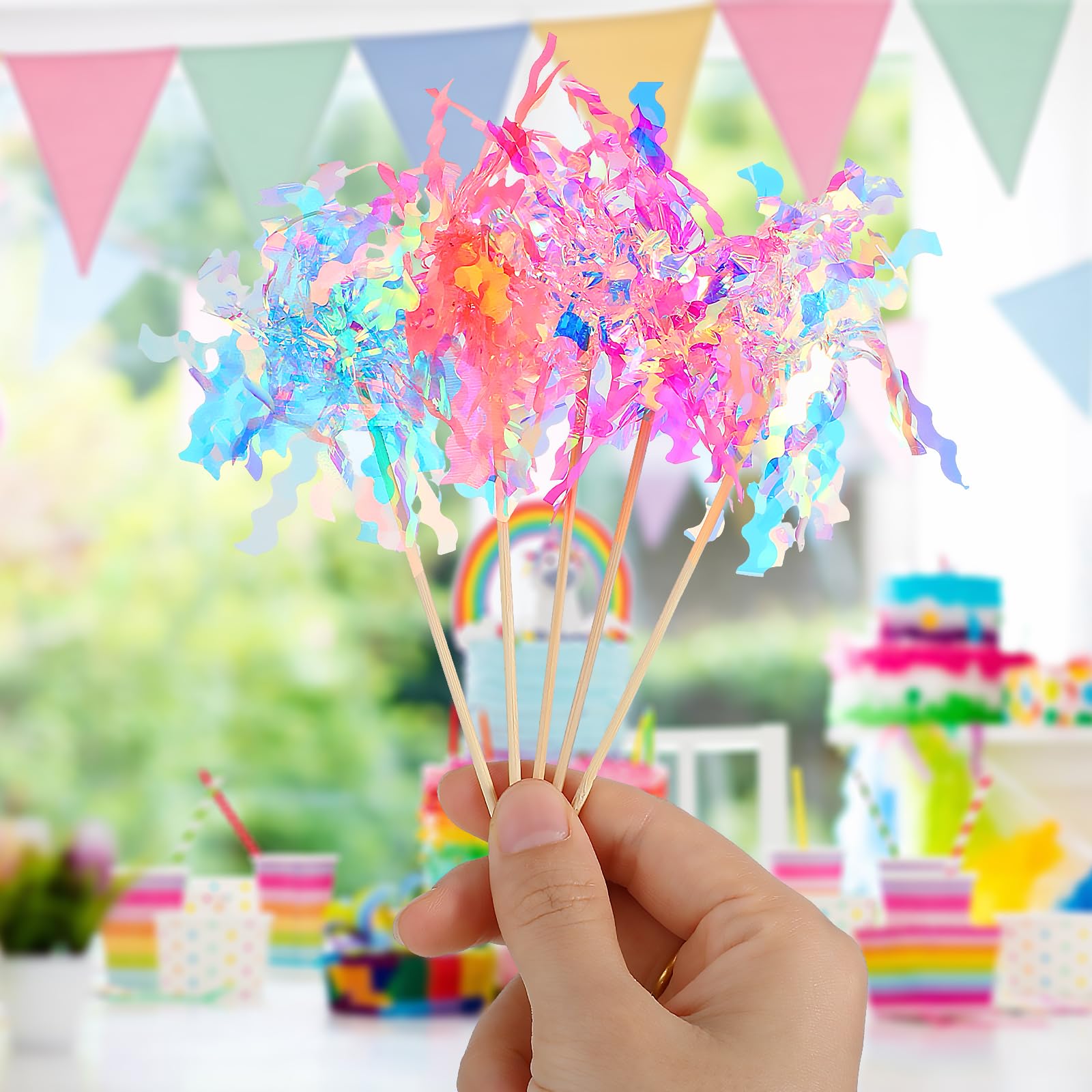 YUXIANLB 10Pcs Happy Birthday Cake Toppers, Foil Firework Cupcake Toppers, Sparkle Tinsel Cake Toppers Cocktail Food Toothpick for Birthday Wedding Baby Shower Graduation Party Supplies