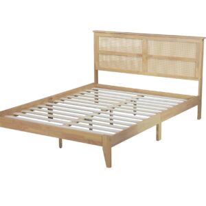 Queen Size Bed Frame with Rattan Headboard,Solid Wood Platform Bed with Strong Wooden Slats,Queen Bedframe,No Box Spring Needed, Natural