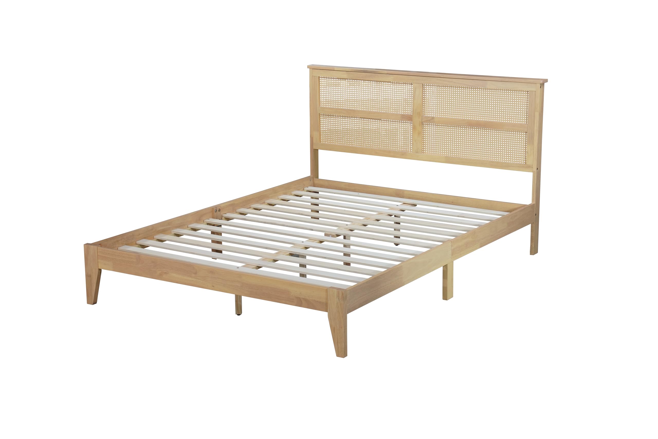 Queen Size Bed Frame with Rattan Headboard,Solid Wood Platform Bed with Strong Wooden Slats,Queen Bedframe,No Box Spring Needed, Natural