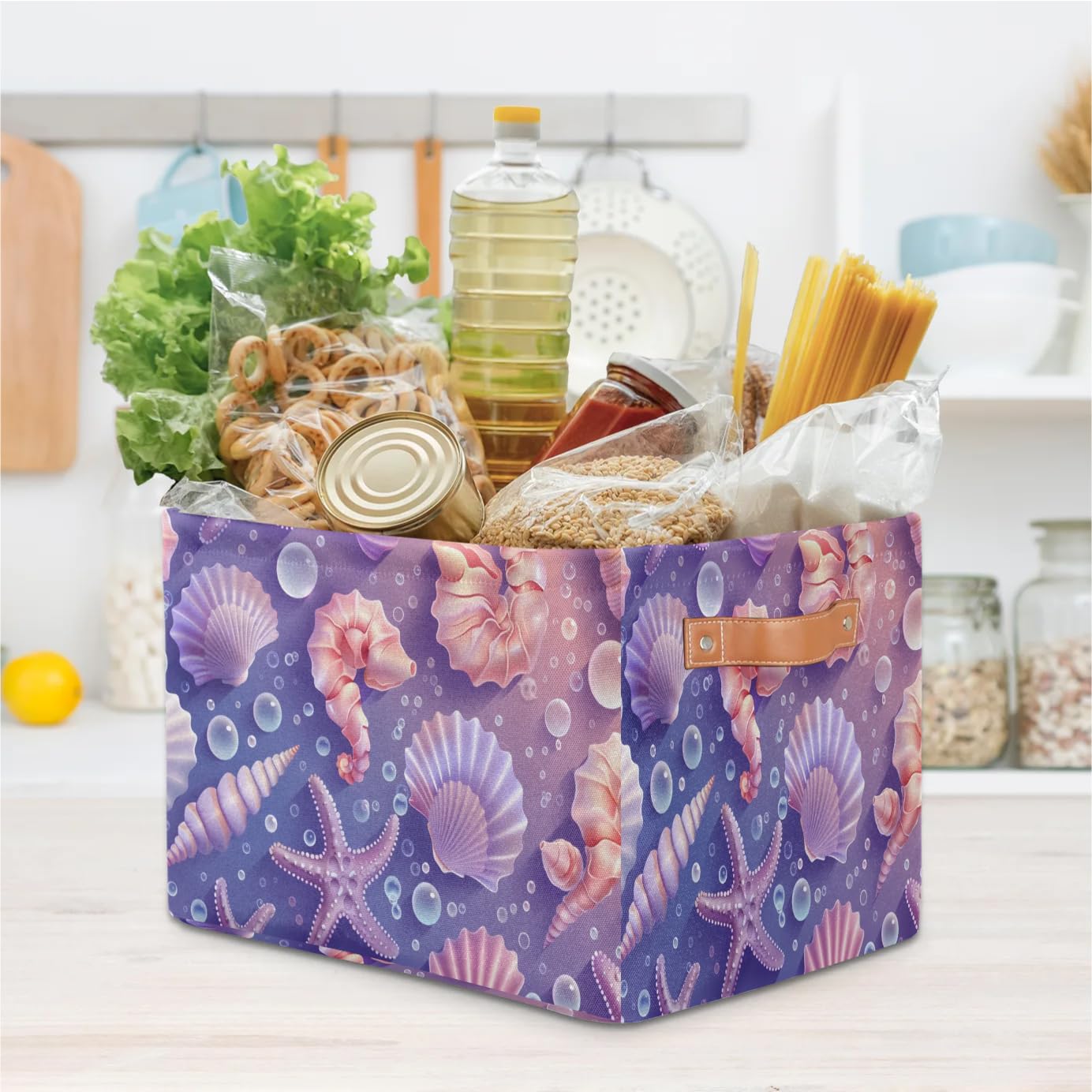 Xosoxruk Seashell Starfish Purple Collapsible Storage Bins Fabric Storage Baskets for Shelves Rectangular Shelf Basket for Organizing Home Decor Closet Bin with Handles 1 Pack