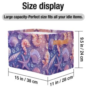 Xosoxruk Seashell Starfish Purple Collapsible Storage Bins Fabric Storage Baskets for Shelves Rectangular Shelf Basket for Organizing Home Decor Closet Bin with Handles 1 Pack