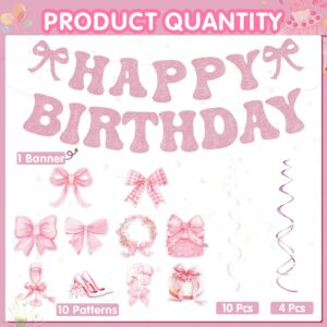 25 Pcs Coquette Birthday Decorations Glitter Happy Birthday Banner Pink Bow Hanging Swirls Pink Bow Birthday Decorations Bow Themed Party Decor for Baby Shower Girls Women Birthday Party Supplies