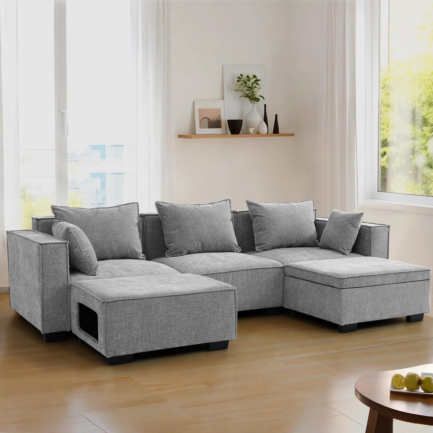 Chenille Modular Sectional Sofa with Storage U Shaped and Cat Hole Modular Sofa Sectional Couch for Living Room, Grey