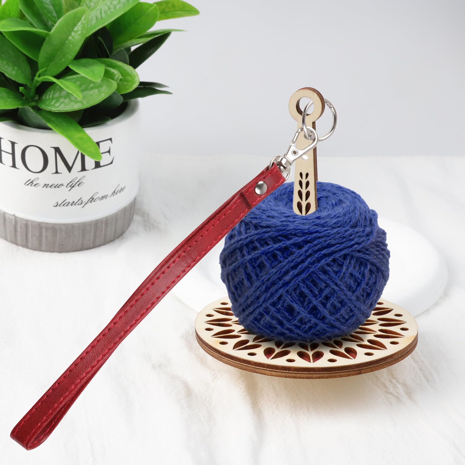 LLMSIX Portable Yarn Holder, Crochet Yarn Holder with Leather Wrist Strap Wooden Yarn Ball Holder Storage Knitting Accessories for Knitting Crocheting Craft Lover (Red Love)