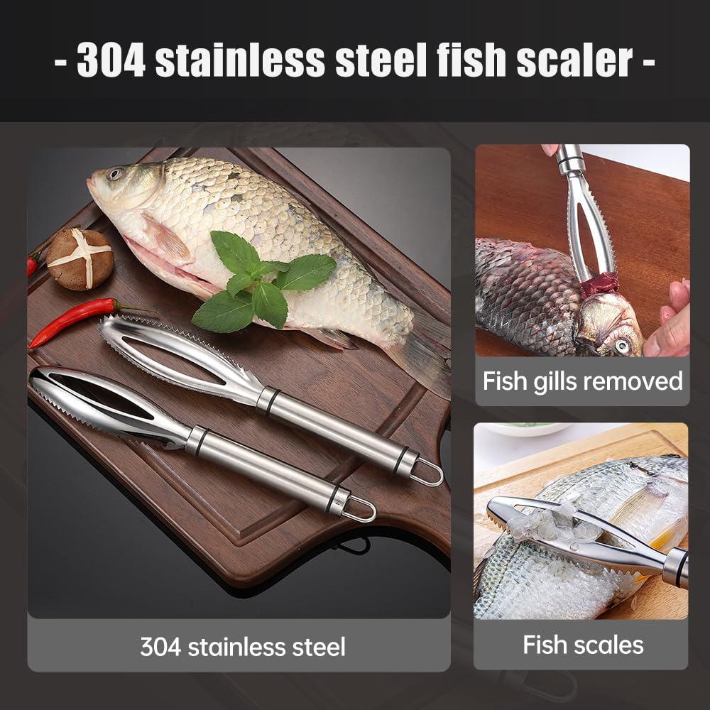 Manual Fish Scraping Kitchen Tools, 2024 Upgraded Multifunctional Handheld Fish Scale Remover Fish Fish Scraper, Stainless Steel Sharp Durable Fish Scale Remover for Home and Kitchen (2PCS)