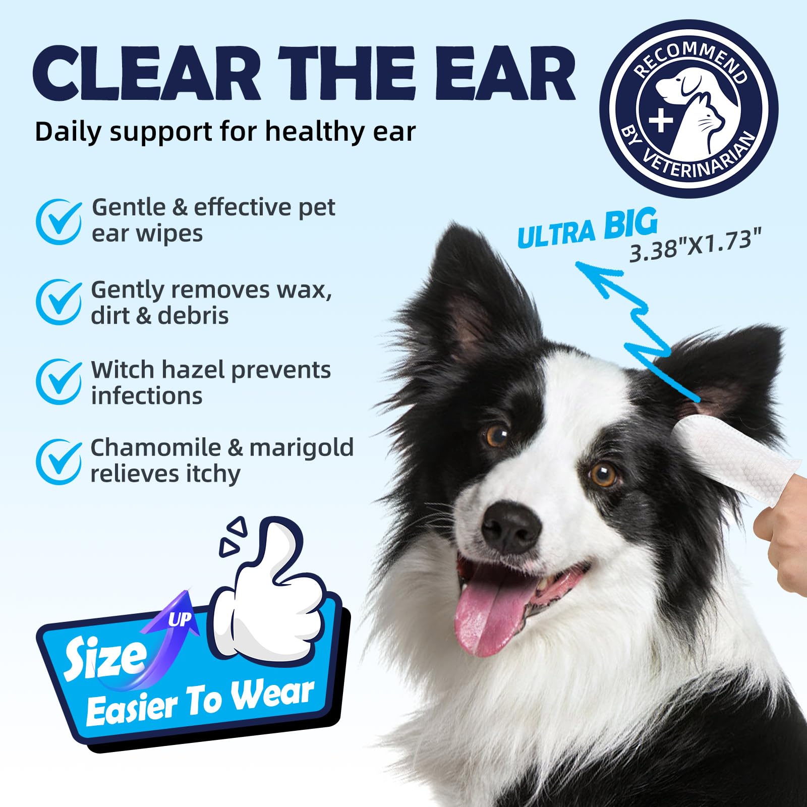 LATAVOLA Dog Ear Cleaner Wipes - Widen Ear Finger Wipes for Dogs & Cats, Remove Ear Wax, Debris, Relieve Ear Itching & Inflammation with Aloe and Calendula