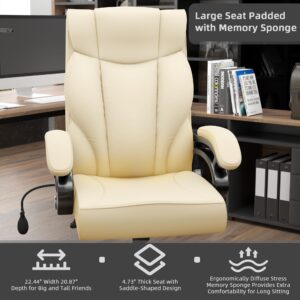 500LBS High Back Executive Chair - Ergonomic Big and Tall Office Chair with Metal Base & Arms, Leather Lumbar Support, Reclining Comfort Chair (White)