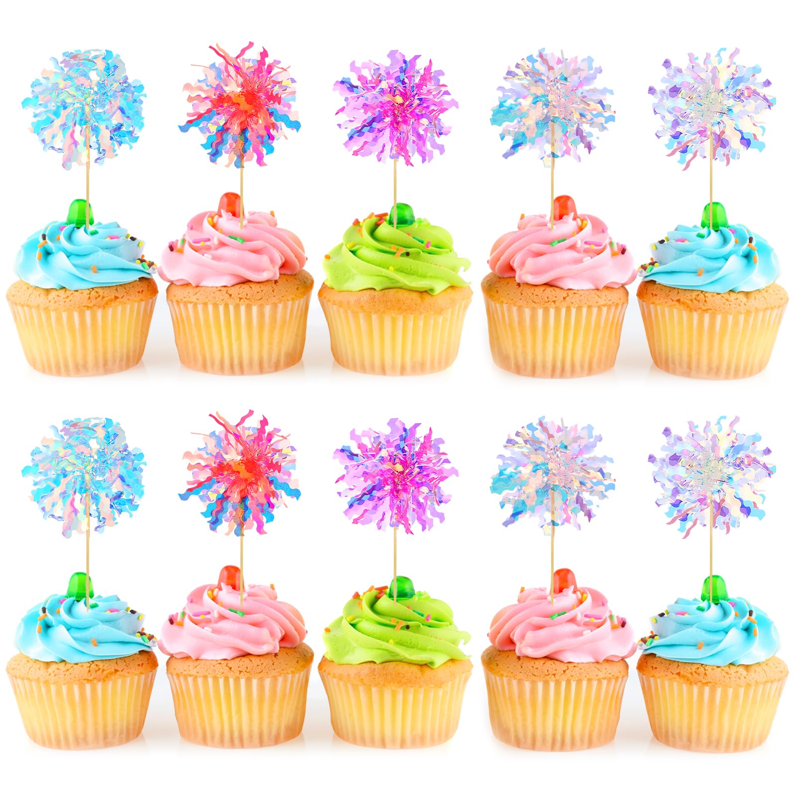 YUXIANLB 10Pcs Happy Birthday Cake Toppers, Foil Firework Cupcake Toppers, Sparkle Tinsel Cake Toppers Cocktail Food Toothpick for Birthday Wedding Baby Shower Graduation Party Supplies