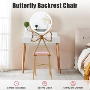 Gbonklong Vanity Chair Stool, Bedroom Princess Leather Vanity Stool, Pink Butterfly Makeup Chair with Bow Knot Backrest, Home Decor Chair Minimalist Chair for Bedroom/Living Room