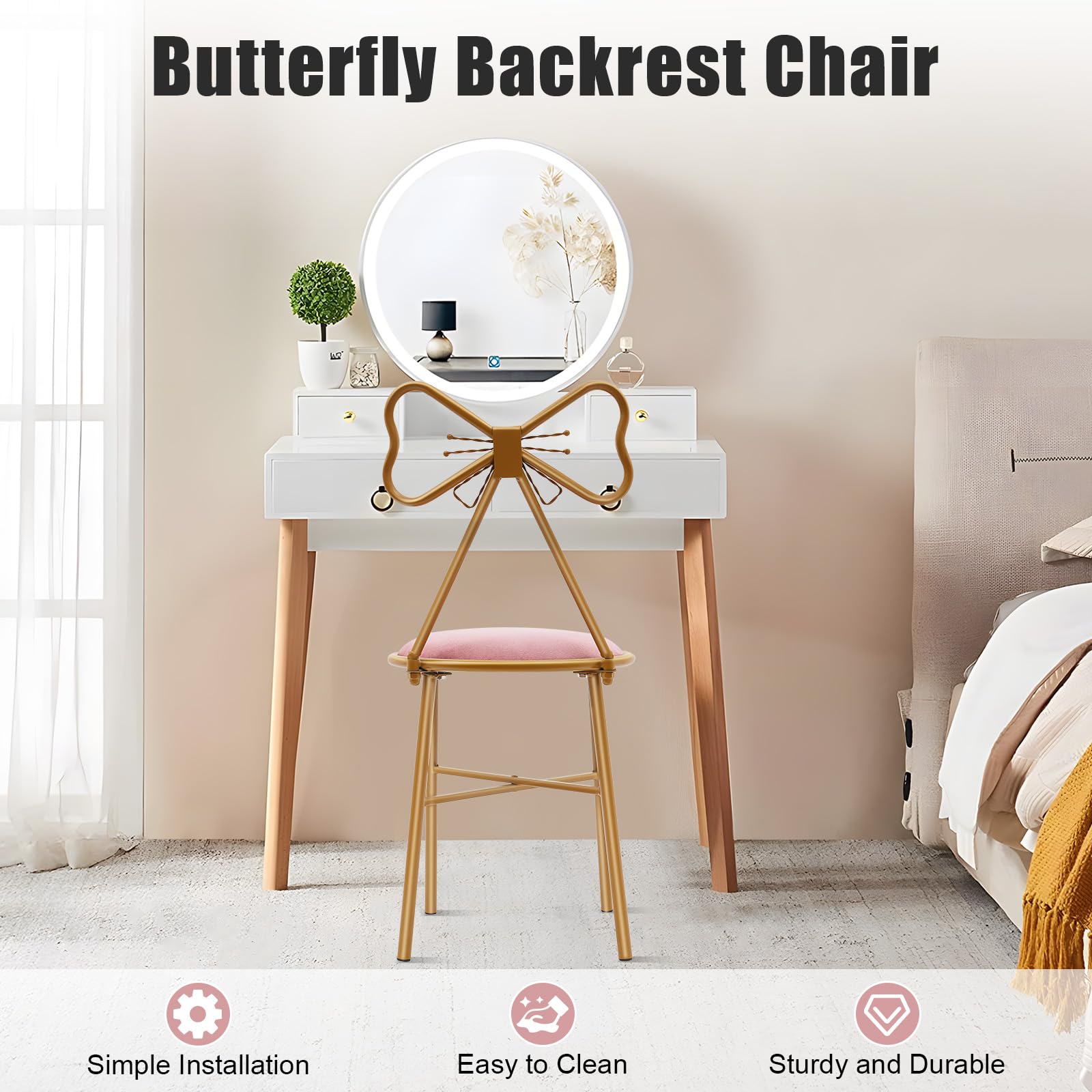 Gbonklong Vanity Chair Stool, Bedroom Princess Leather Vanity Stool, Pink Butterfly Makeup Chair with Bow Knot Backrest, Home Decor Chair Minimalist Chair for Bedroom/Living Room