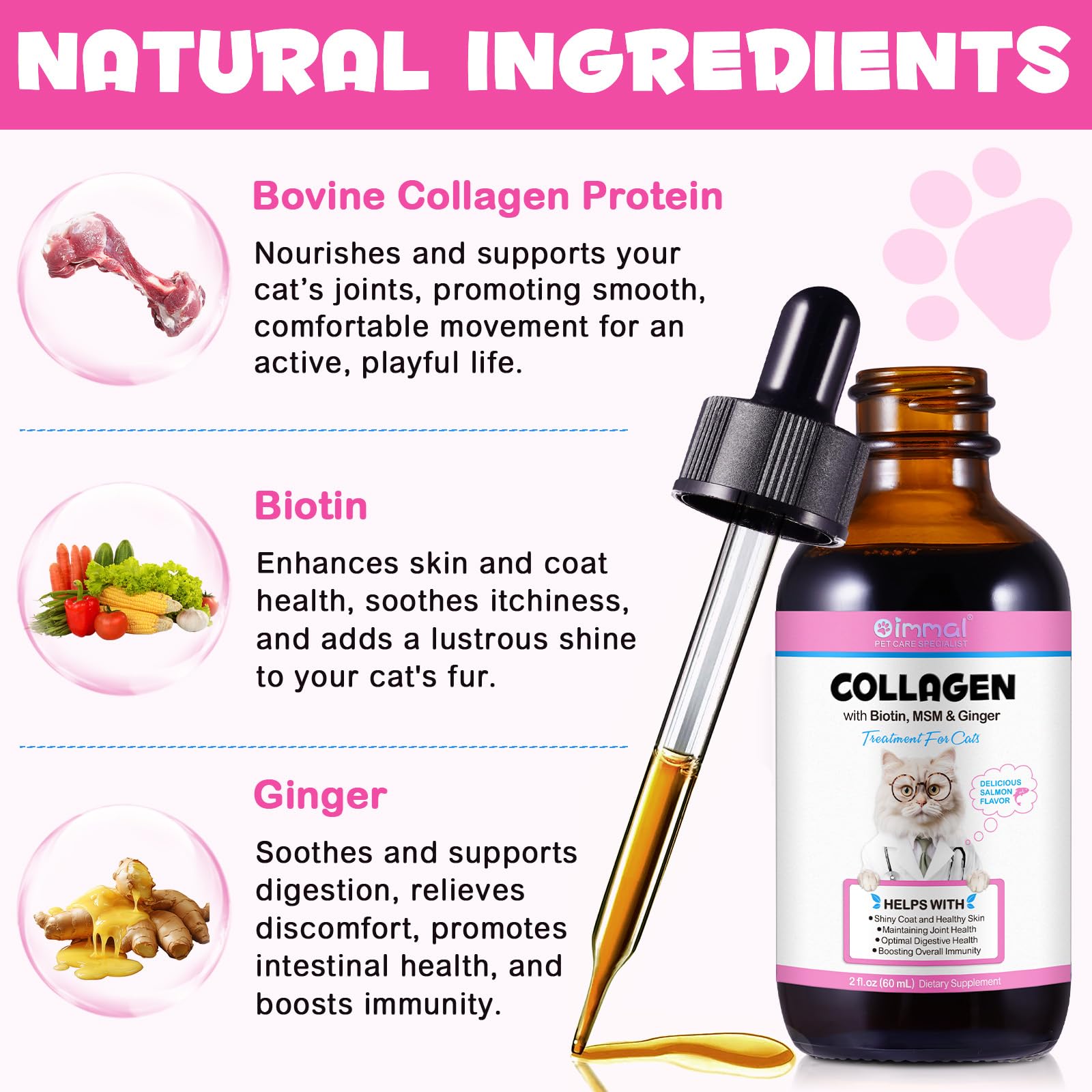 Skin and Coat Supplement for Cats, Collagen for Dogs, Liquid Collagen Boost for Cats, Itch Relief for Cats with Allergies, with Biotin, Support Joints, Skin, Bone & Immune System 2fl.oz