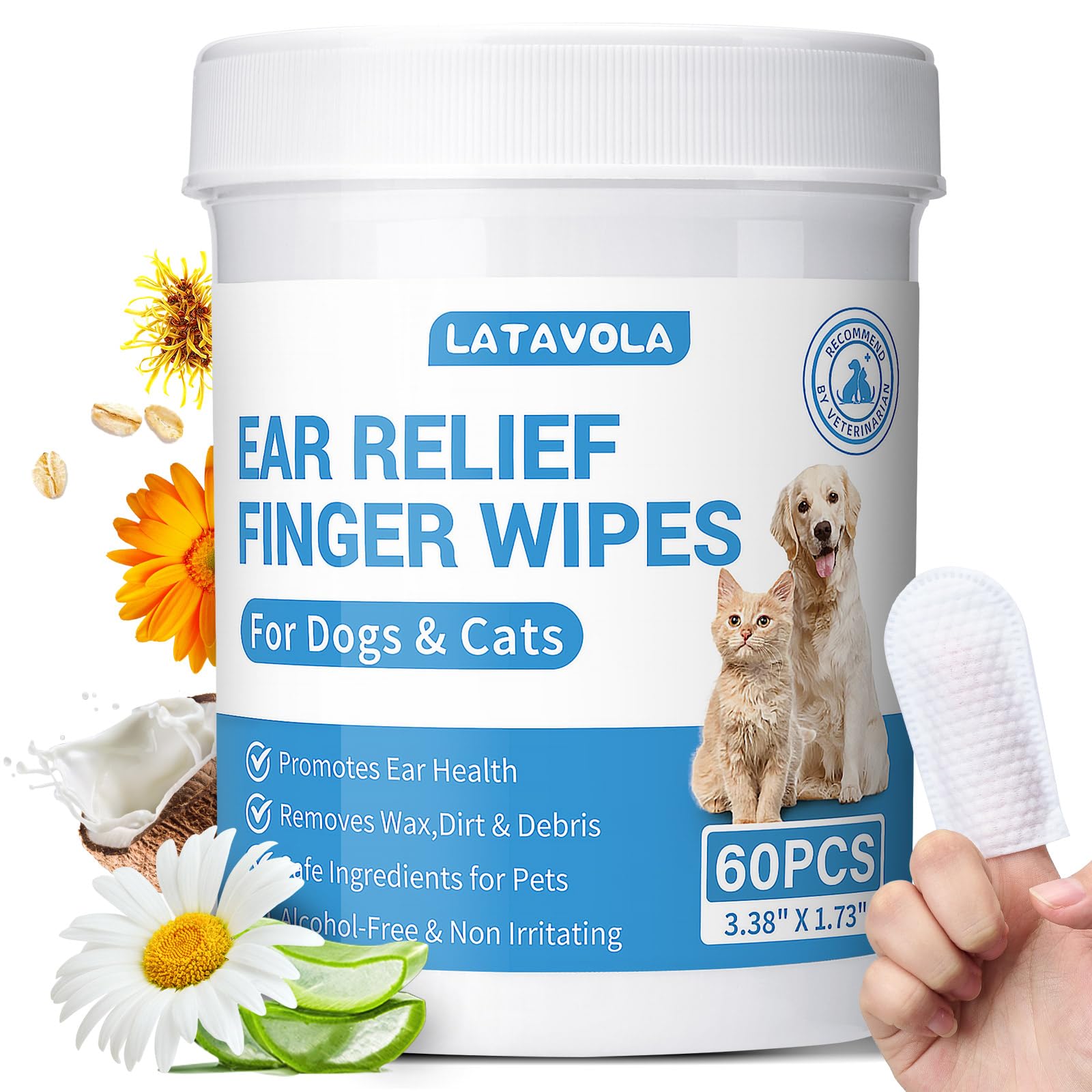 LATAVOLA Dog Ear Cleaner Wipes - Widen Ear Finger Wipes for Dogs & Cats, Remove Ear Wax, Debris, Relieve Ear Itching & Inflammation with Aloe and Calendula