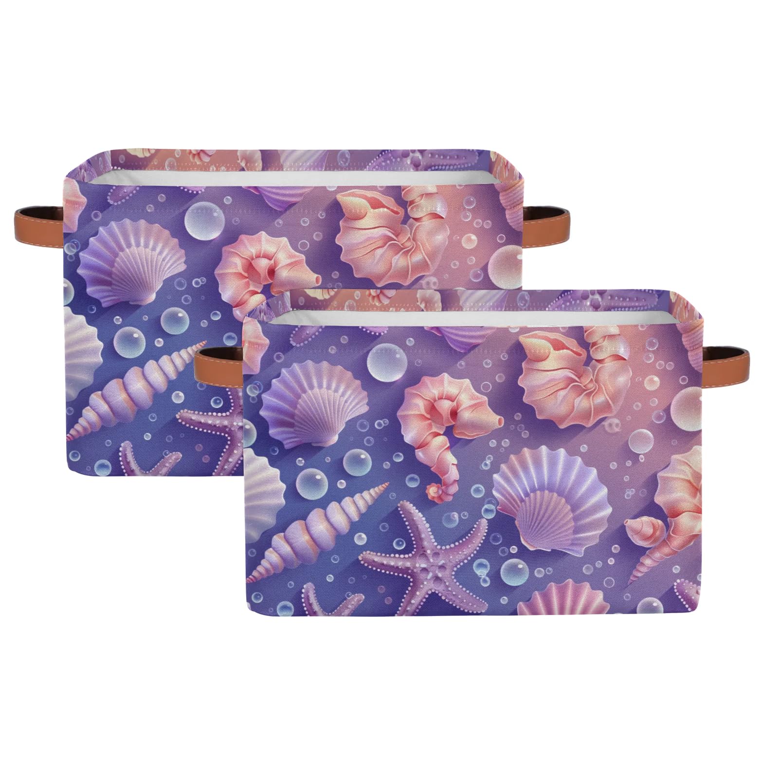 Xosoxruk Seashell Starfish Purple Collapsible Storage Bins Fabric Storage Baskets for Shelves Rectangular Shelf Basket for Organizing Home Decor Closet Bin with Handles 1 Pack