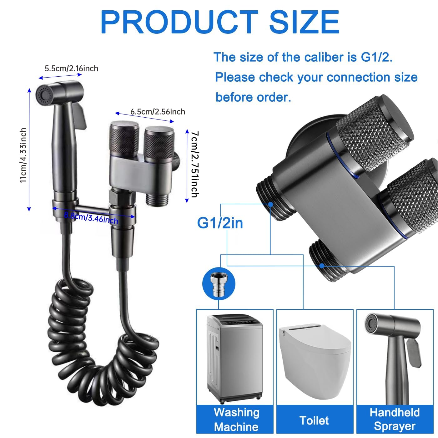 FES Magnifier Type Handheld Bidet Sprayer for Toilet, Stainless Steel Adjustable Pressure Control Bidet Faucet Diaper Sprayer Set with Hose Attachment for Kitchen/Toilet Cleaning (Black)