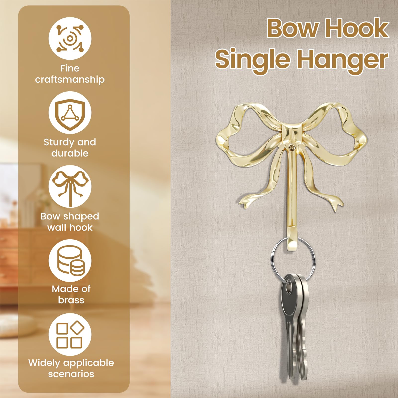 4Pcs Bow Hook Decorative Bow Hanger Sturdy Brass Towel Hook Gold Brass Bow Shaped Hooks Brass Wall Hook Wall Hanging Towel Hook Multipurpose Bow Shaped Hat Hooks for Bathroom Bedroom Hat Bag Key (S)