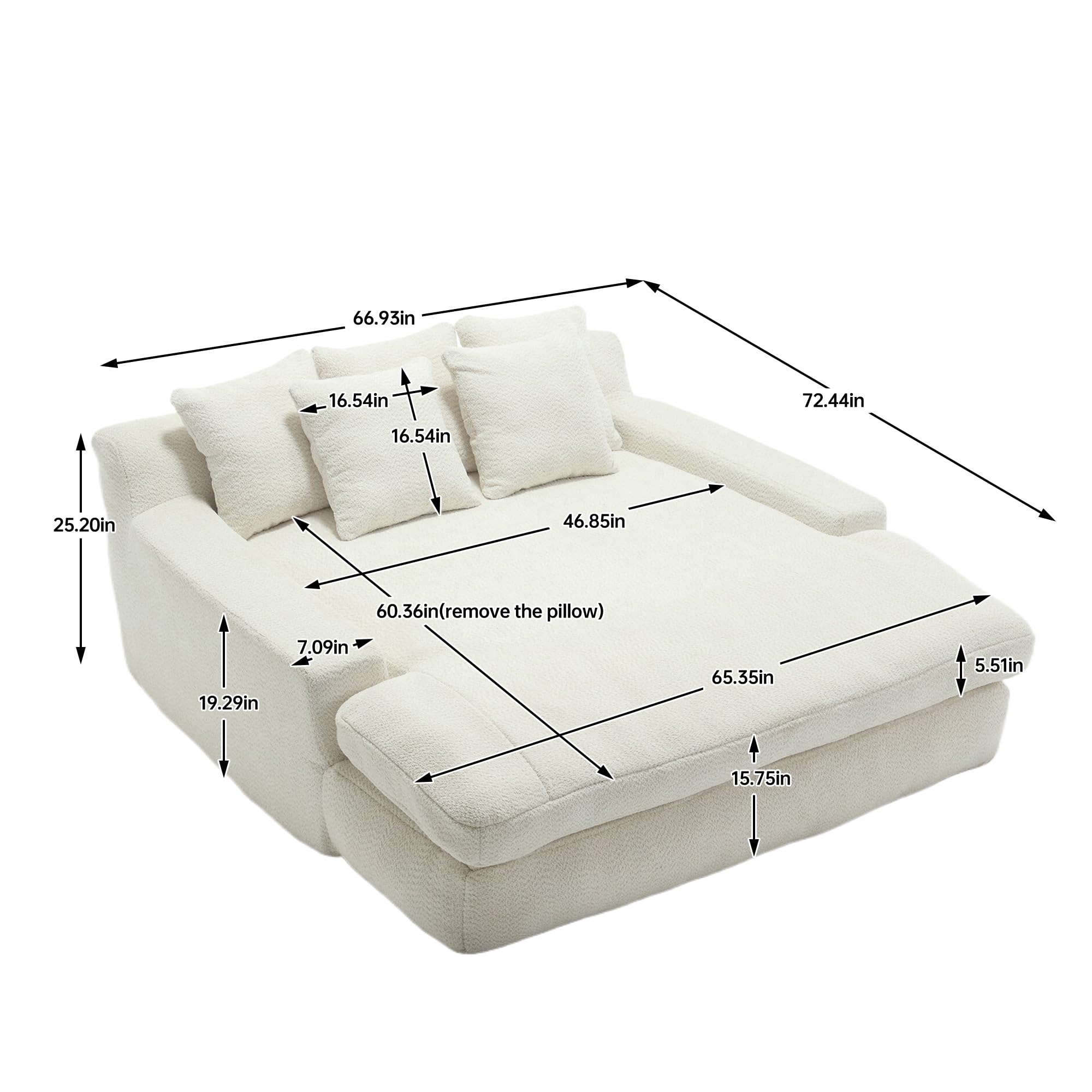 HANLIVES 67" Oversized Chaise Lounge Indoor, 2-Seater Sofa Bed with 5 Throw Pillows and Armrests, Chenille Fabric Sleeper Chair Living Room,Bedroom,White