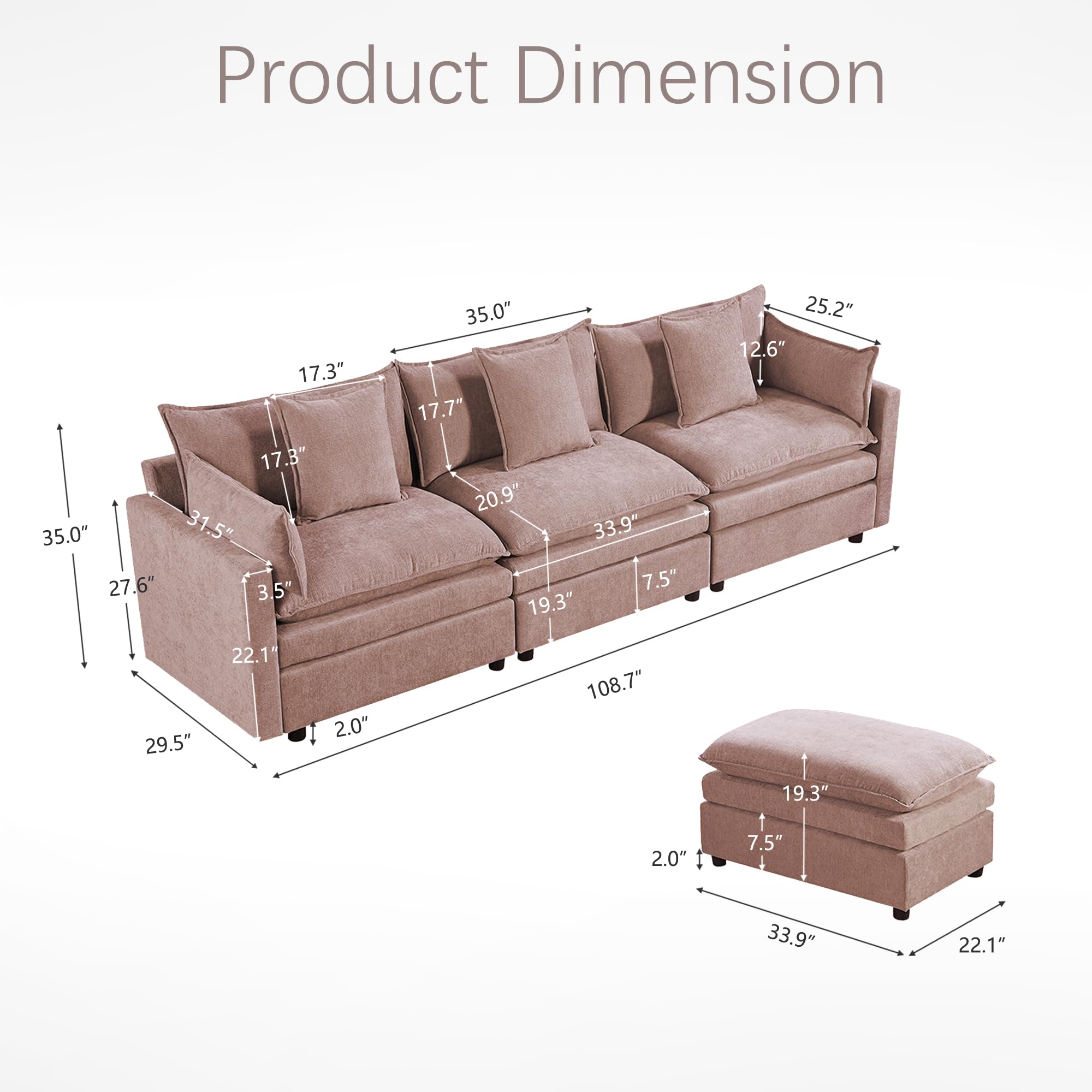 Oversized Modular Sectional Sofa with Ottoman, 108.66" Wide Chenille Cloud Couch, Comfy Upholstered Furniture Sofa Set for Living Room, Apartment, Studio, Office-Shell Pink