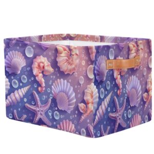 Xosoxruk Seashell Starfish Purple Collapsible Storage Bins Fabric Storage Baskets for Shelves Rectangular Shelf Basket for Organizing Home Decor Closet Bin with Handles 1 Pack