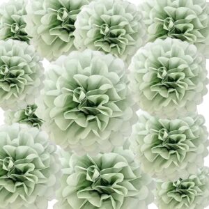 dusty sage green tissue paper pom poms 12pcs- hanging paper flowers for botanical neutral bridal shower wedding birthday graduations christmas and special occasions(10 & 12 inch)