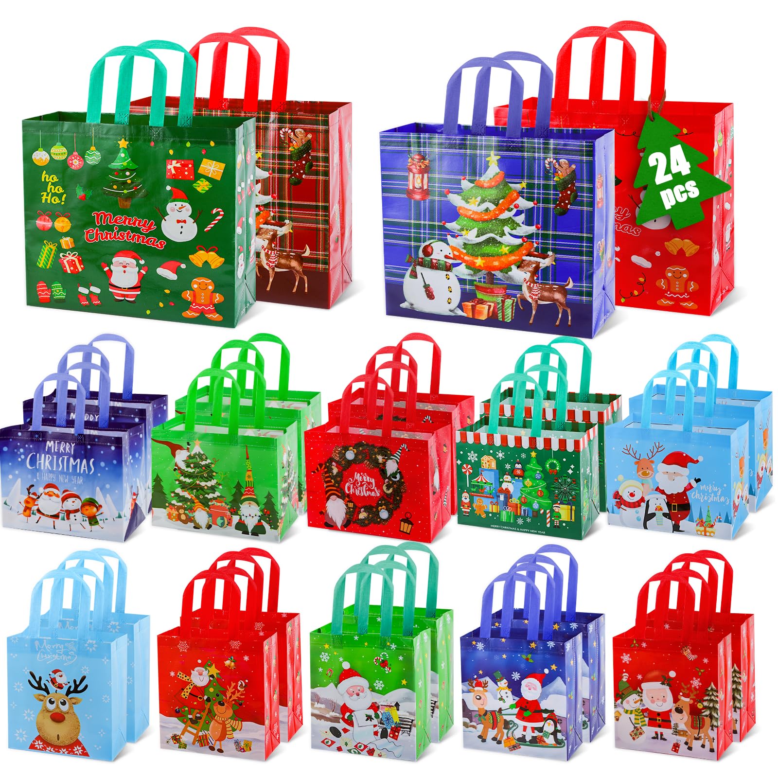 FUHITIM 24 Pack Christmas Gift Bags, Non-Woven Christmas Bags Includes 4 Large, 10 Medium, 10 Small, Christmas Tote Bags with Handlesfor Gifts Christmas Party Holiday