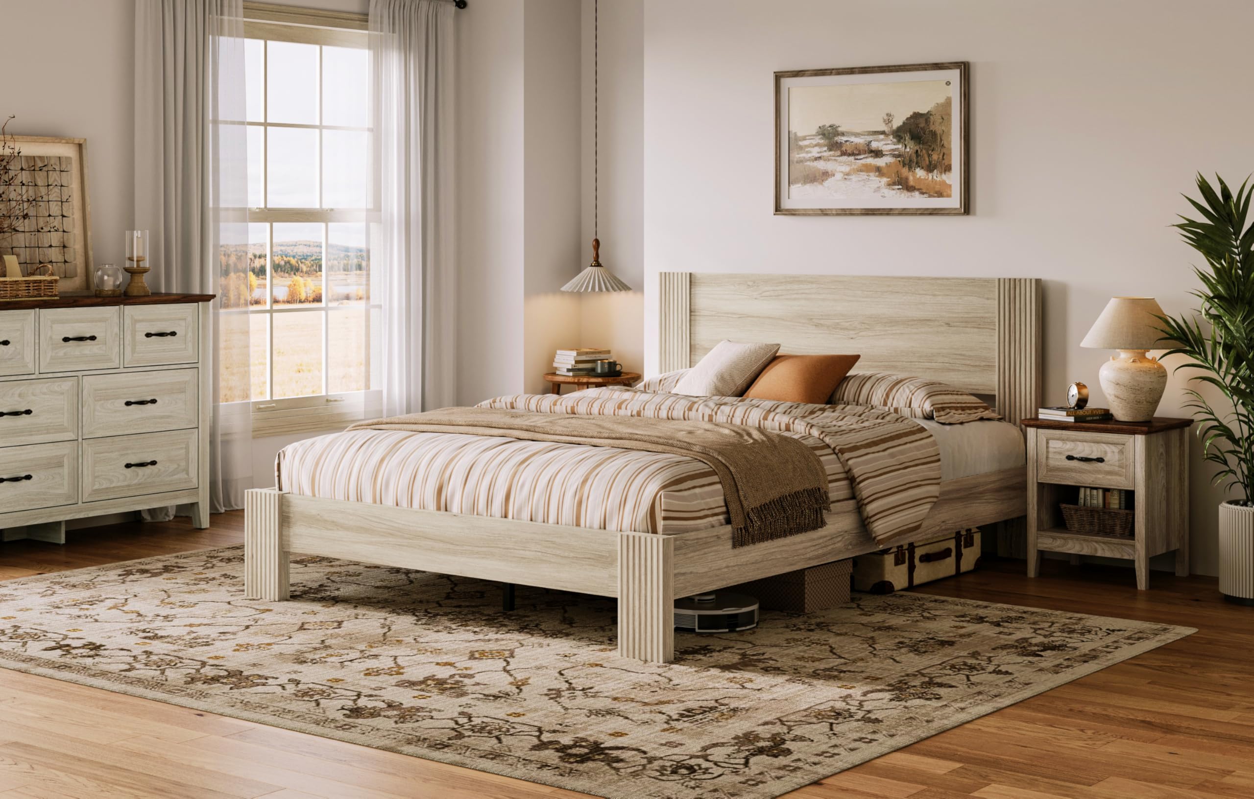 LINSY Queen Bed Frame Wood with Headboard, Farmhouse Bed Frame Queen Size, Wood Platform Bed Fast Assembly, Noise-Free, No Box Spring Needed - Beige