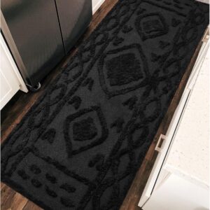 Boho Runner Rug 2'x5' Tufted Cotton Area Rug Accent Beside Rugs Washable Cream Bohemian Long Throw Carpet for Hallway Bedroom Kitchen Laundry Living Room Bathroom Black