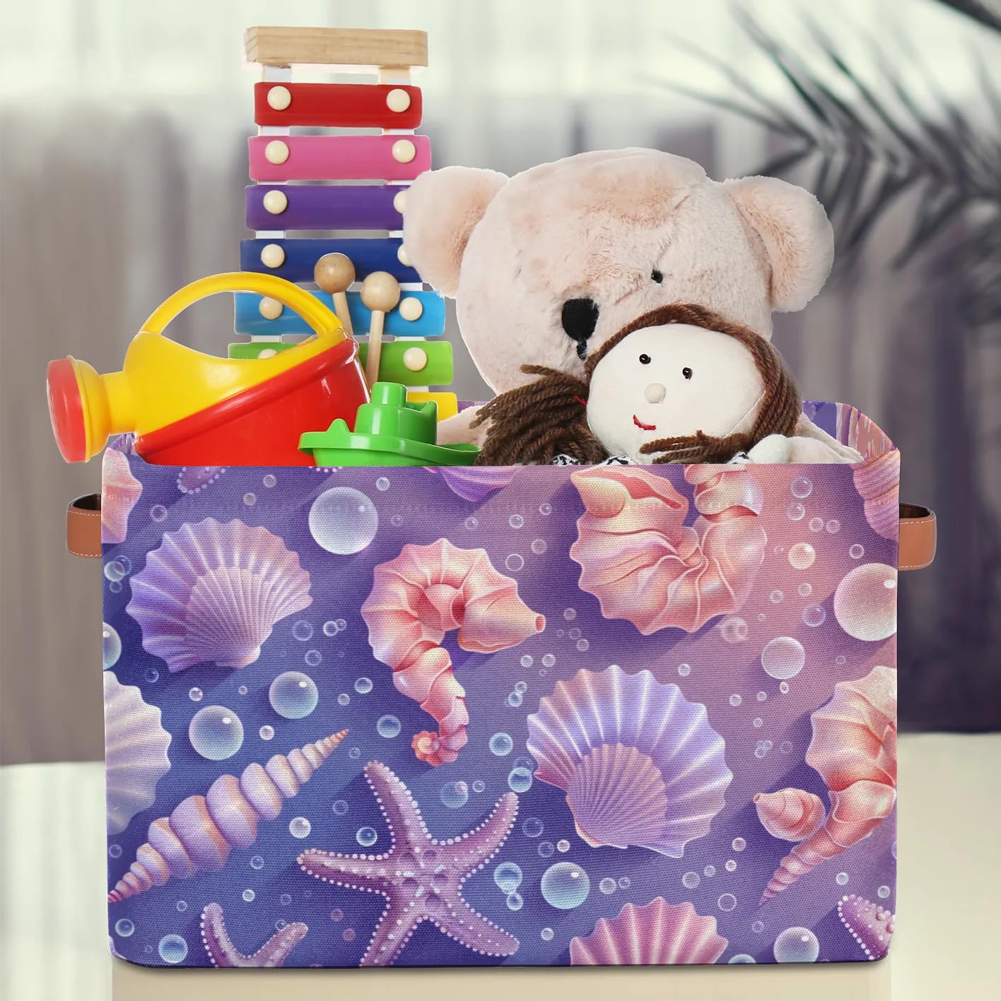 Xosoxruk Seashell Starfish Purple Collapsible Storage Bins Fabric Storage Baskets for Shelves Rectangular Shelf Basket for Organizing Home Decor Closet Bin with Handles 1 Pack