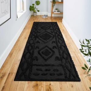 Boho Runner Rug 2'x5' Tufted Cotton Area Rug Accent Beside Rugs Washable Cream Bohemian Long Throw Carpet for Hallway Bedroom Kitchen Laundry Living Room Bathroom Black