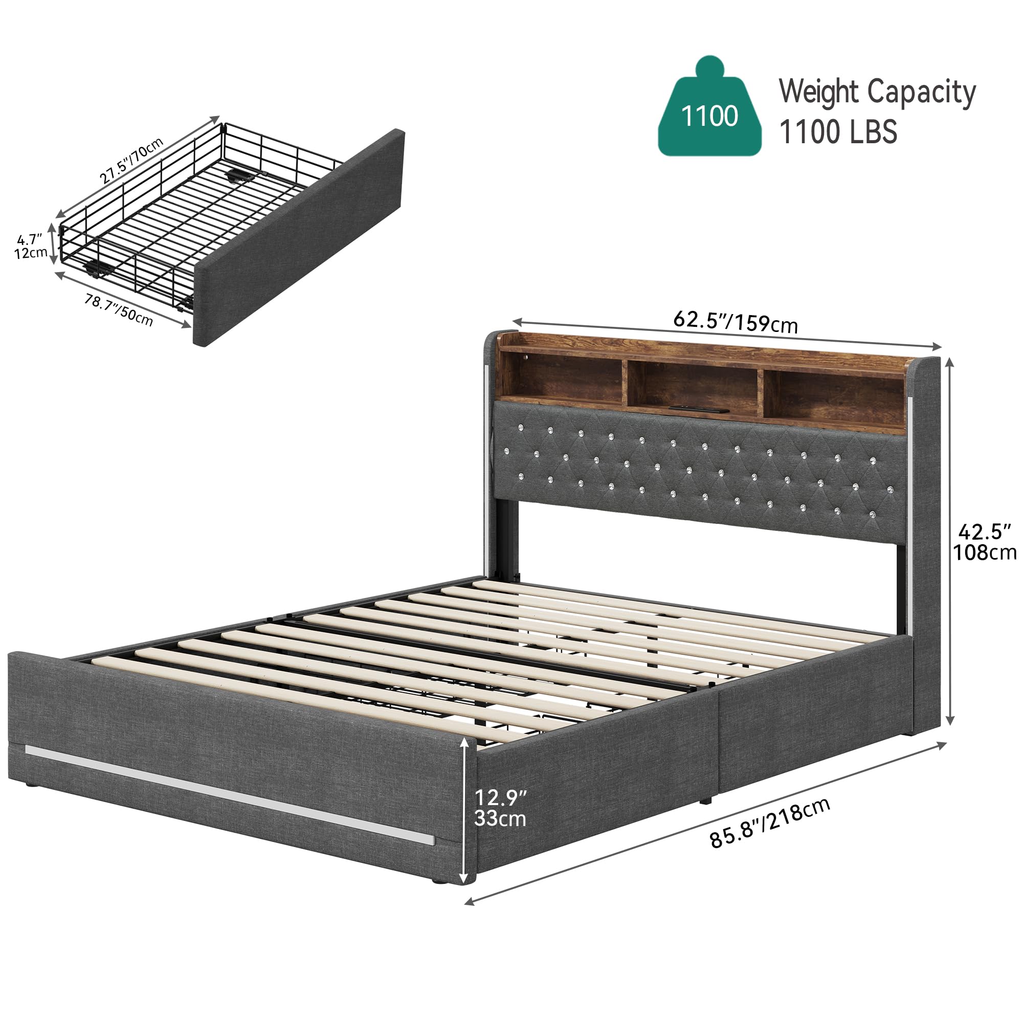 YITAHOME Queen Size Bed Frame w/4 Drawers, Upholstered Bed Frame with LED Lighting, Storage Bed Frame w/Device Charging Hub, Box Spring Not Required, Elegant Gray