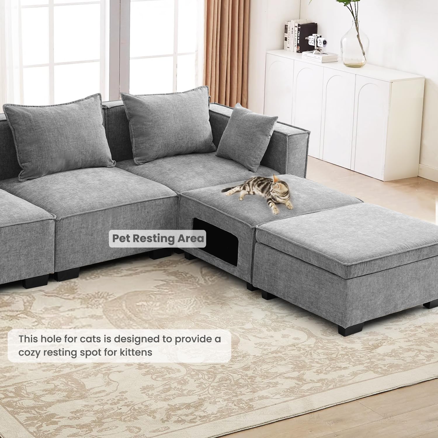 Chenille Modular Sectional Sofa with Storage U Shaped and Cat Hole Modular Sofa Sectional Couch for Living Room, Grey