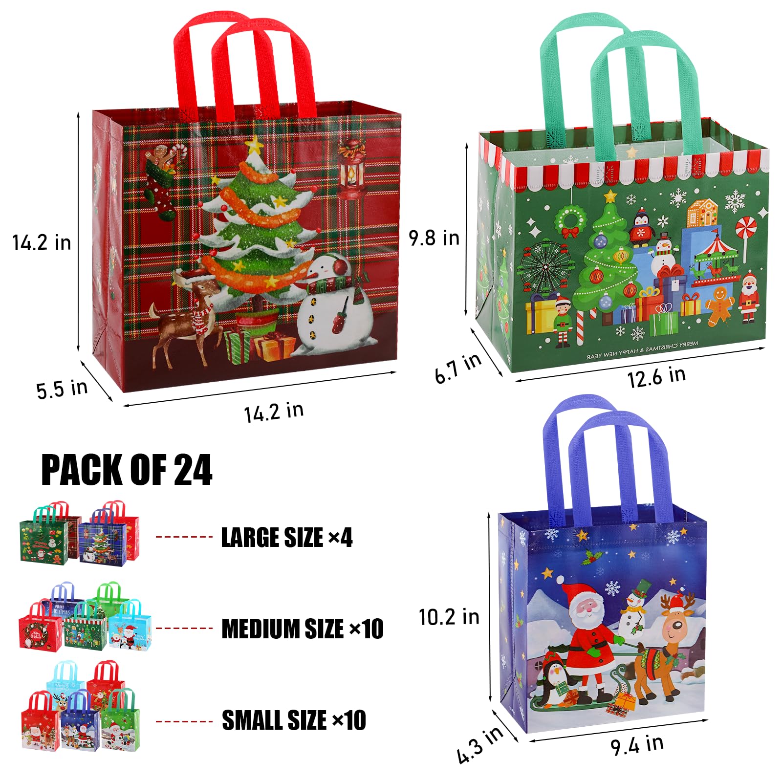 FUHITIM 24 Pack Christmas Gift Bags, Non-Woven Christmas Bags Includes 4 Large, 10 Medium, 10 Small, Christmas Tote Bags with Handlesfor Gifts Christmas Party Holiday