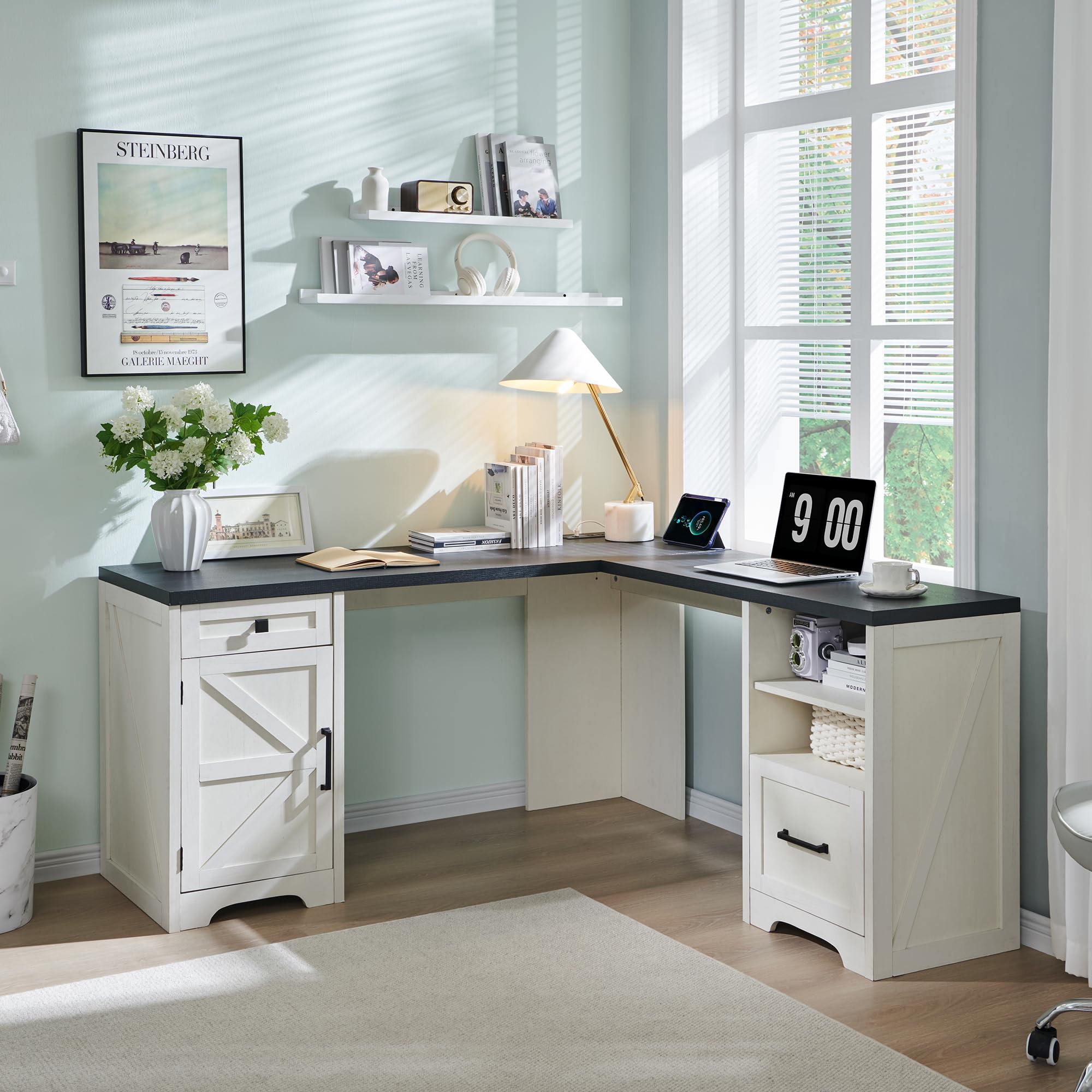 JXQTLINGMU L Shaped Desk, Corner Computer Desk with File Drawer & Charging Station, Home Office 59x59Inch Huge Workspace Study Writing Desk, Off White