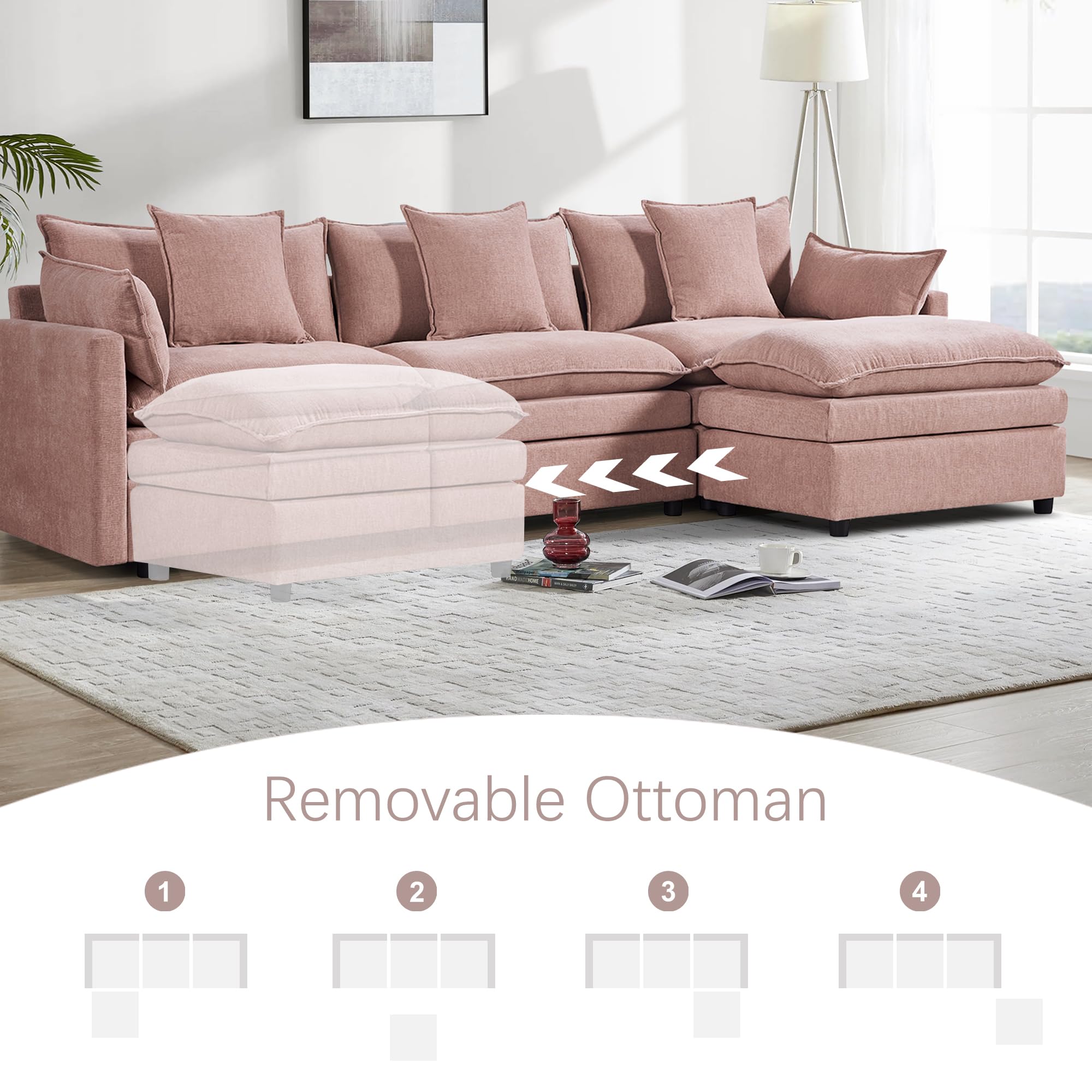 Oversized Modular Sectional Sofa with Ottoman, 108.66" Wide Chenille Cloud Couch, Comfy Upholstered Furniture Sofa Set for Living Room, Apartment, Studio, Office-Shell Pink