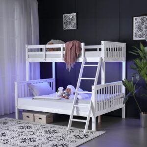 vingli bunk beds twin over full size with led and charging station, convertible wood bunk beds with angled ladder, high guardrail and wood slats, space-saving design for kids, teens and adults, white