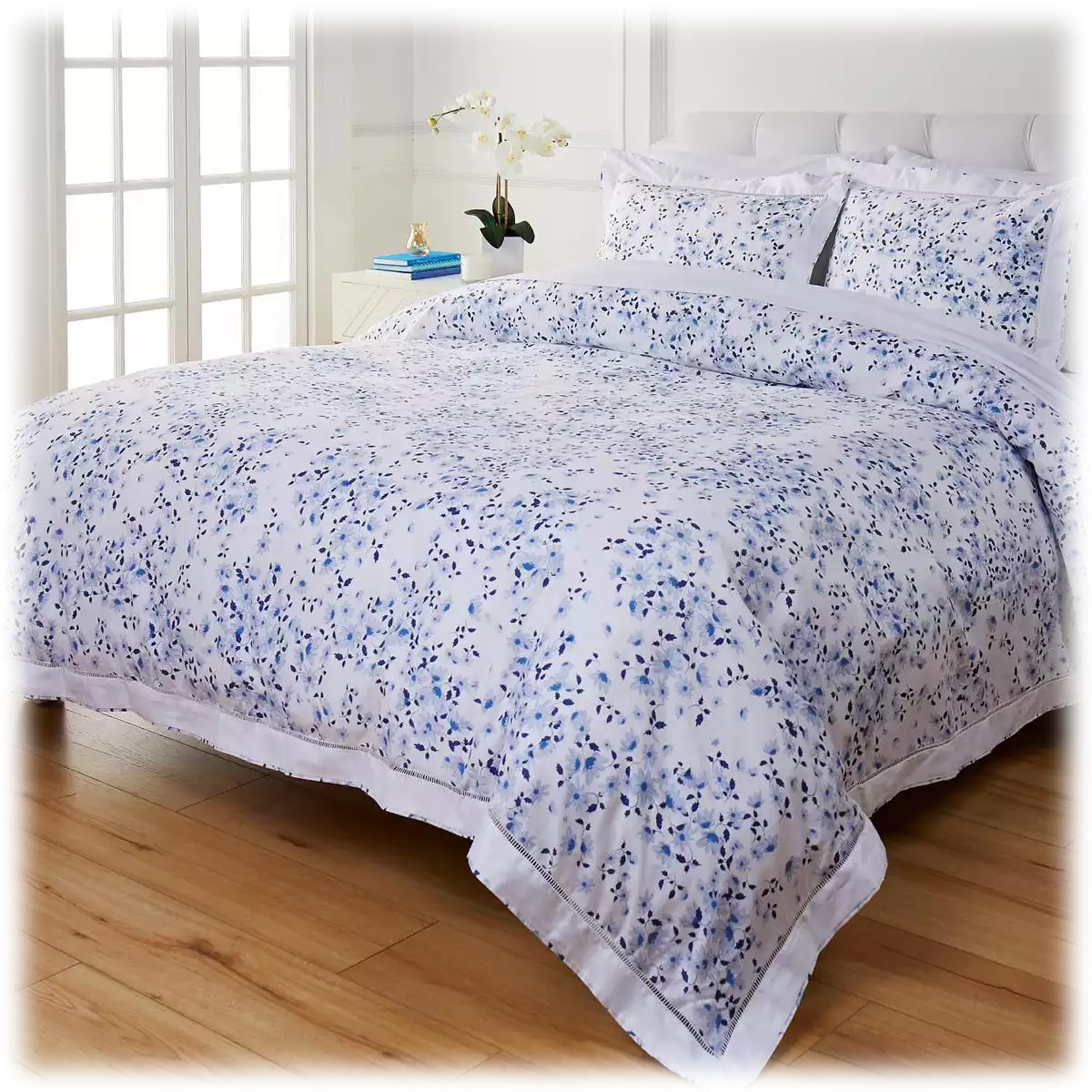 Clover by Jo 100% Cotton Floral Duvet Cover Set (Denim, Full)