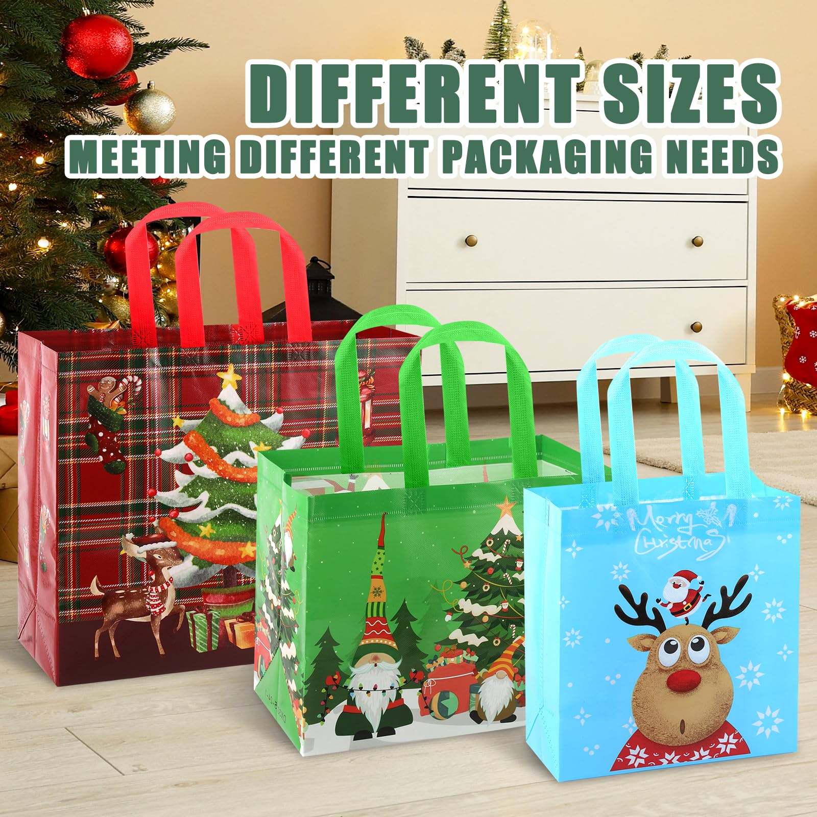 FUHITIM 24 Pack Christmas Gift Bags, Non-Woven Christmas Bags Includes 4 Large, 10 Medium, 10 Small, Christmas Tote Bags with Handlesfor Gifts Christmas Party Holiday