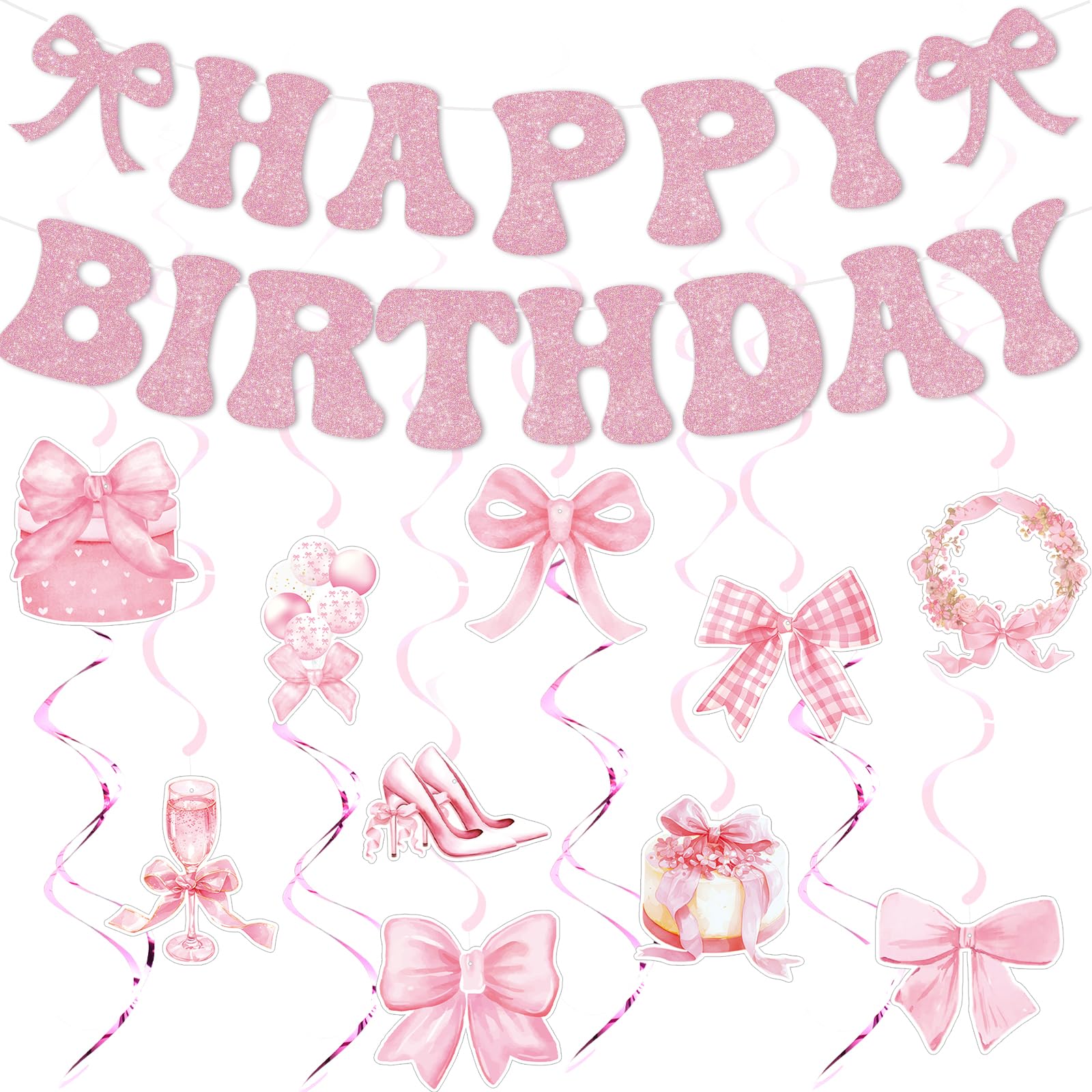 25 Pcs Coquette Birthday Decorations Glitter Happy Birthday Banner Pink Bow Hanging Swirls Pink Bow Birthday Decorations Bow Themed Party Decor for Baby Shower Girls Women Birthday Party Supplies