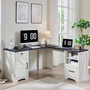 jxqtlingmu l shaped desk, corner computer desk with file drawer & charging station, home office 59x59inch huge workspace study writing desk, off white