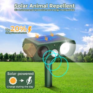 Solar Ultrasonic Animal Repellent Outdoor, Deer Repellent Devices Motion Detection, Waterproof Cat Squirrel Mouse Raccoon Dog Bird Repellent Deterrent with LED Flash Light for Yard Farm Garden