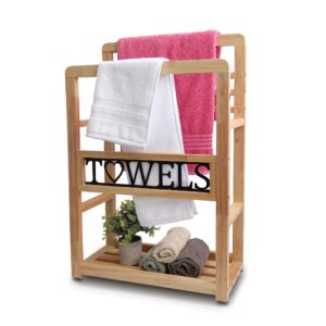 2 tier towel rack for bathroom - besuerte freestanding towel rack for bathroom, wooden bath towel rack, blanket rack stand for living room, 31.5" h towel drying rack holder with black towels letters