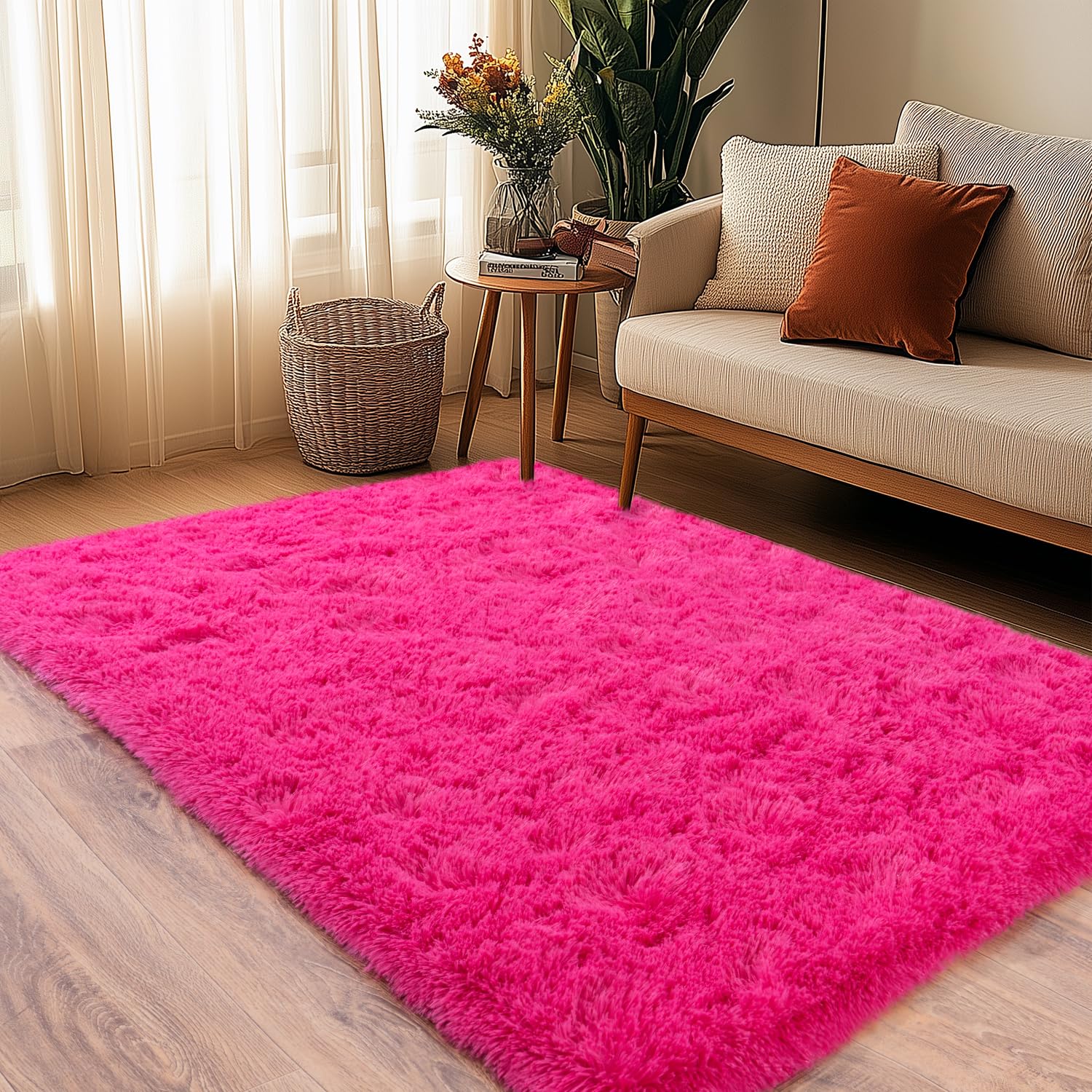 plumlik Fluffy Shag Rug for Bedroom, 4x6 Hot Pink Area Rugs for Living Room, Nursery and Kids Room, Soft and Comfy, Fuzzy Bedside Carpet for Girls and Boys Dorm Home Decor Aesthetic, Upgrade Non Slip