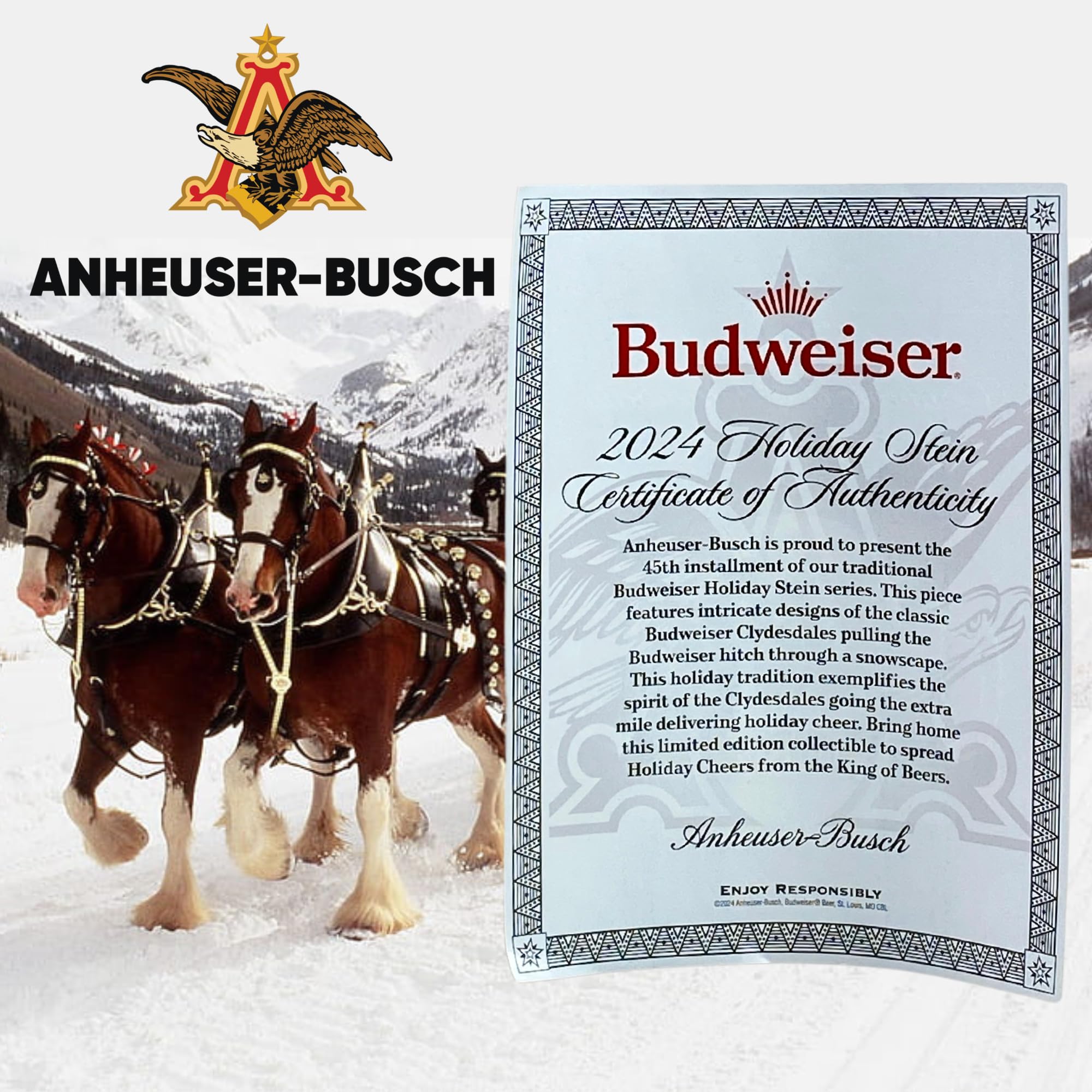 Budweiser 2024 91st Anniversary Limited Edition Collectors SERIES #45 Clydesdale Holiday Stein - Ceramic Beer Mug - Christmas Gift for Men, Father, Husband - Collectable Room Decor for Den, Man Cave