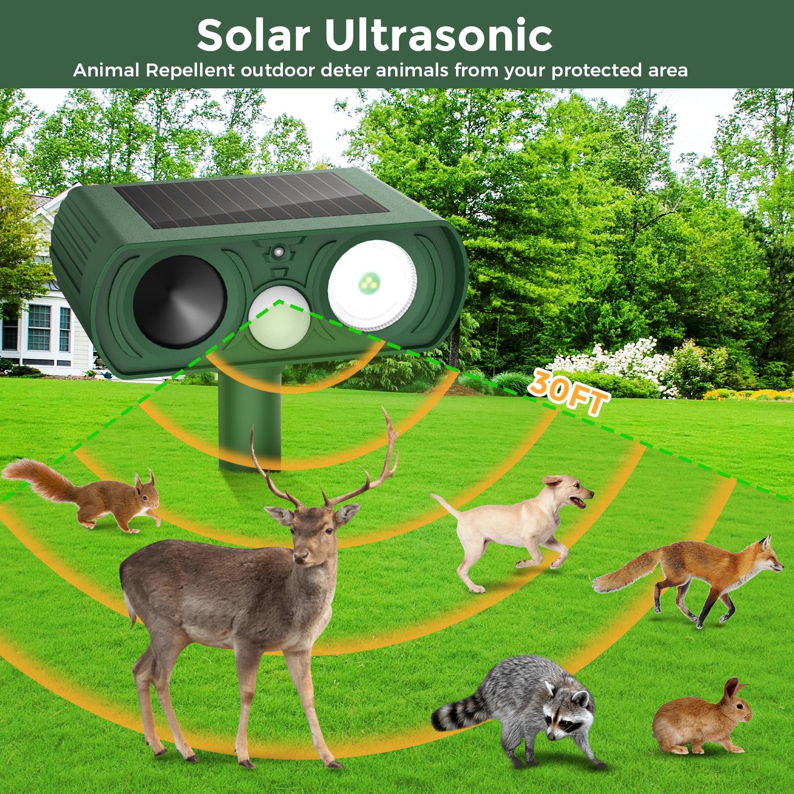 Solar Ultrasonic Animal Repellent Outdoor, Deer Repellent Devices Motion Detection, Waterproof Cat Squirrel Mouse Raccoon Dog Bird Repellent Deterrent with LED Flash Light for Yard Farm Garden