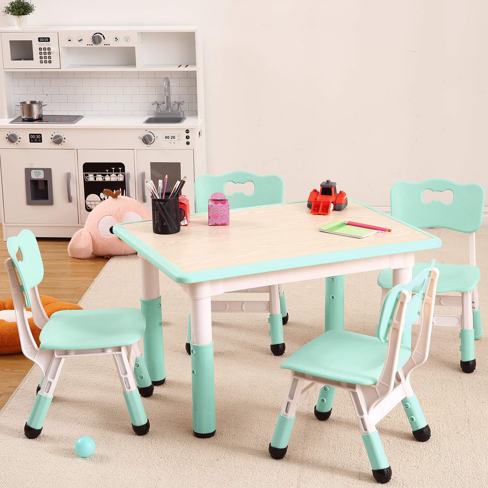 MilleLoom Kids Table and 4 Chairs Set, Height Adjustable Desk for Ages 2-8,Arts & Crafts Table,Graffiti Desktop, Non-Slip Legs, Max 300lbs, Children Multi-Activity Table for Classrooms,Daycares,Home