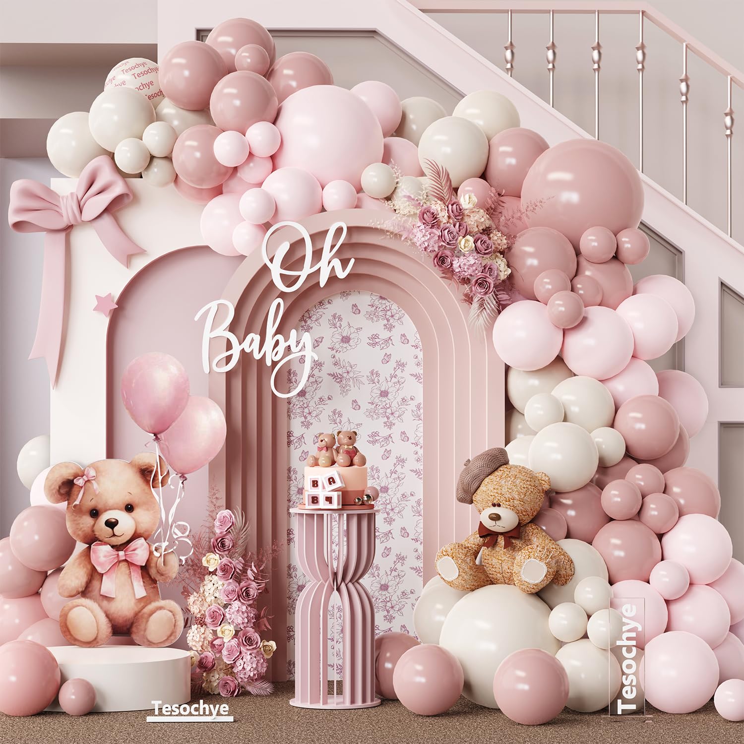 Dusty Pink Balloon Arch Garland Kit,141 Pcs Dusty Pink Light Pink Neutral Sand White Balloons for We Can Bearly Wait Baby Shower Gender Reveal Birthday Wedding Decoration